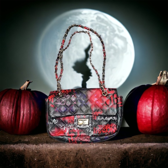 Bags | Graffiti Crossbody Purse Gold Chain Colorful Vegan Leather Red ...